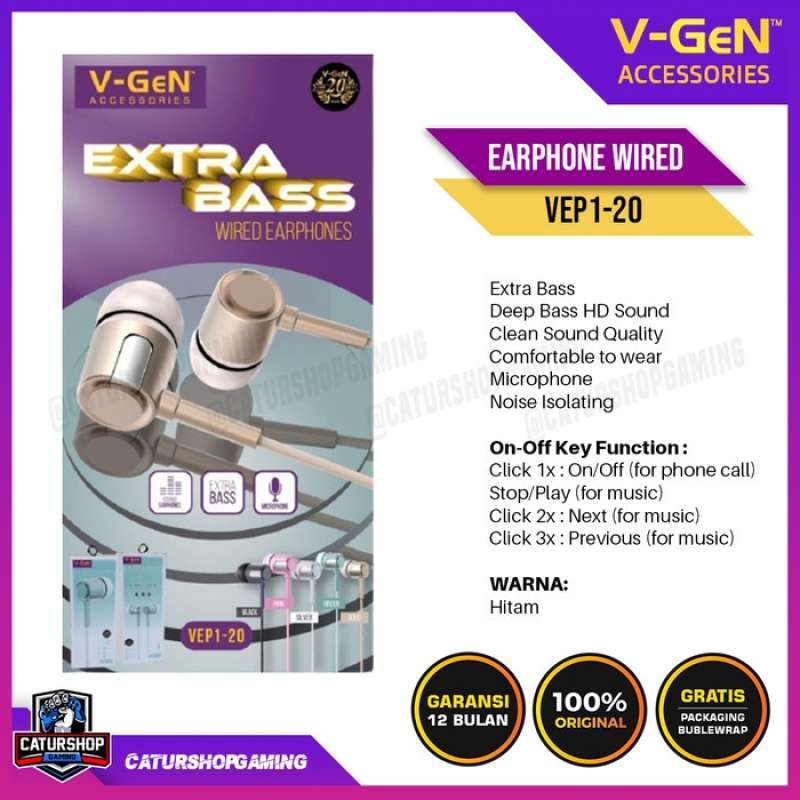 Jual V-GeN VEP1-20 Handsfree Earphone Headset Extra Bass Mic VGEN ...