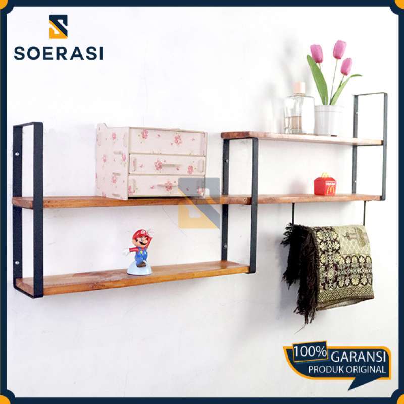 Promo Triple rak dinding besi dan kayu panjang luas minimalis vintage ...