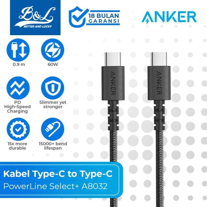 Jual ANKER Kabel Data Type-C to Type-C 2.0 PowerLine Select+ 60W A8032 90cm di Seller BnL ...