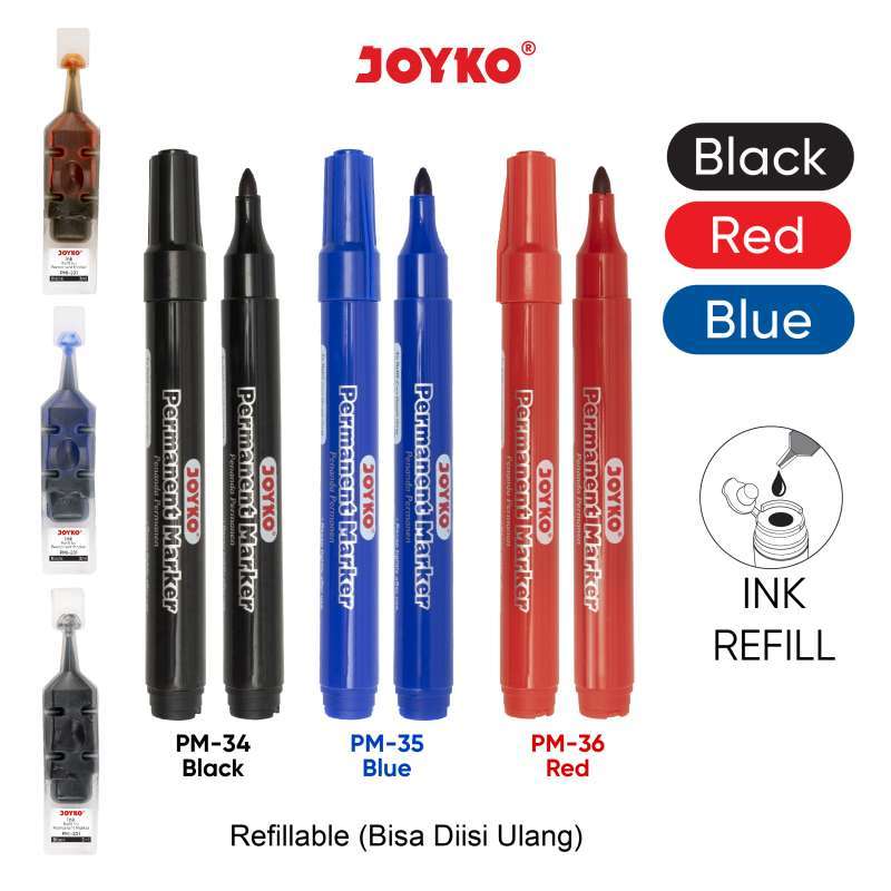 Promo Permanent Marker Spidol Permanen Round Tip Joyko Refillable ...