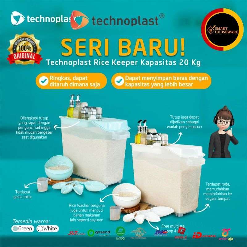 Promo Technoplast Tempat Beras 20Kg Rice Box Bonus Gelas dan Sendok Takaran - White Diskon 10% ...