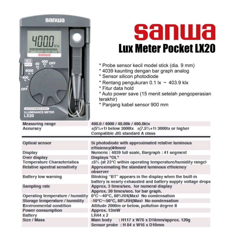 Promo Mini Pocket Digital Lux Meter Sanwa LX 20 Light Lumen Tester ...