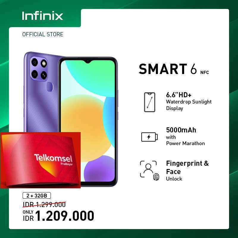 Promo Infinix Smart 6 Nfc Smartphone [2gb/ 32gb/ Official Store] + Starter Pack Telkomsel ...