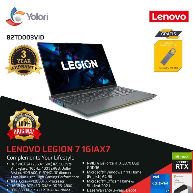 Jual Lenovo Legion 7 16IAX7 [i7-12800HX, 16GB, 1TB SSD, Nvidia RTX 3070 Ti 8GB, Windows 11, OHS ...