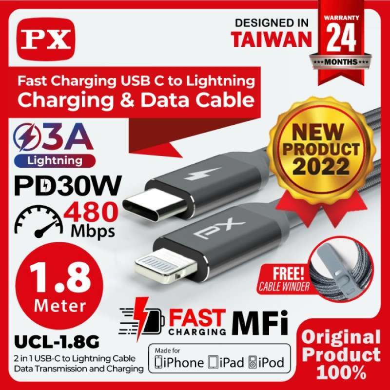 Jual Kabel Fast Charging MFi Lightning to type C 1.8m PX UCL-1.8G di ...