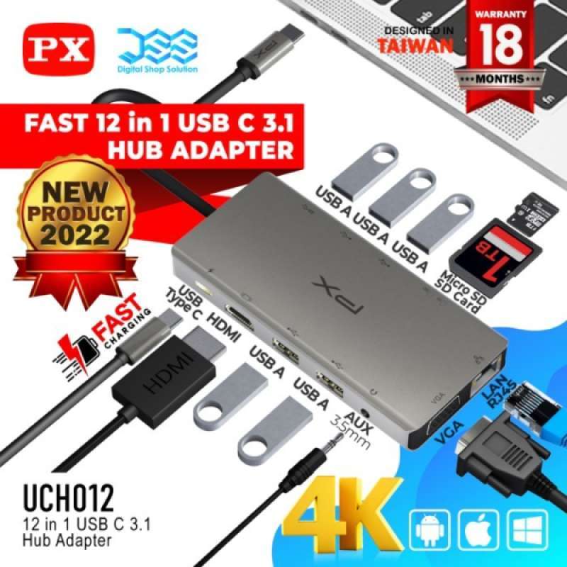 Promo Px Hub Converter Type C 3.1 To Hdmi Lan Sd/Micro Sd 3.5Mm 12In1 ...