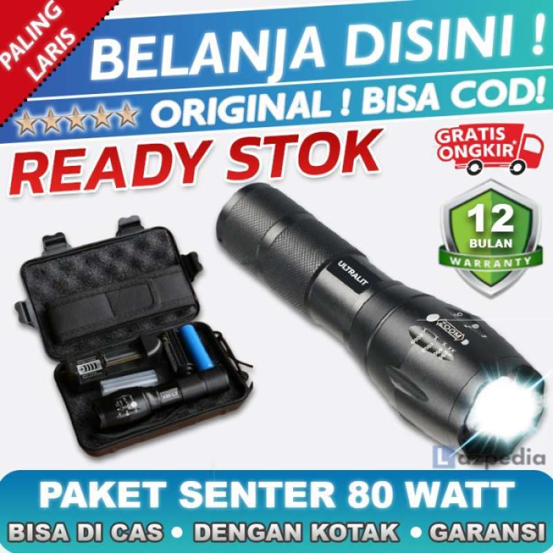 Promo LENGKAP Paket Senter LED SWAT 80 Watt + Baterai 18650 + Charger ...