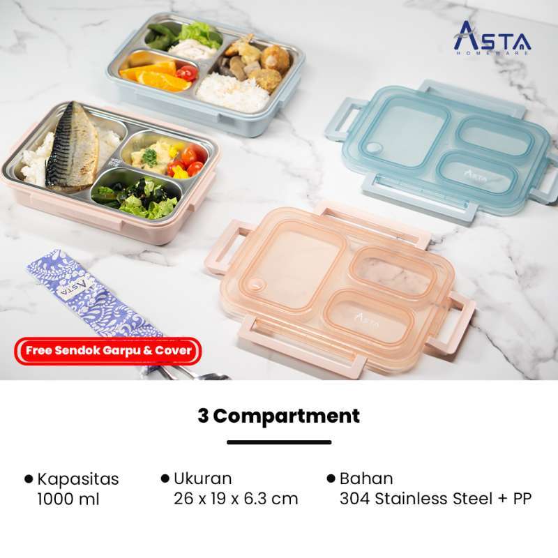 Jual Asta Kotak Makan Stainless Steel 304 Leakproof Anti Tumpah Lunch Box 3 Sekat Aslb-03 ...