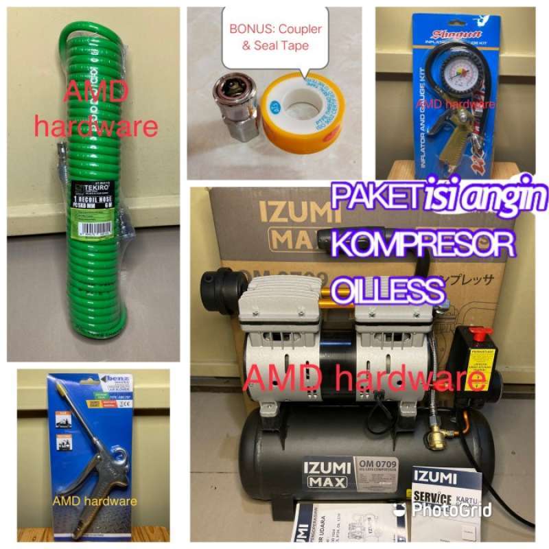 Promo Paket Hemat Isi Angin Ban Kompresor Oilless 3/4Hp 9L Compressor ...
