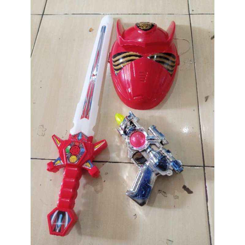 Jual paket mainan pedang power rangers tanduk topeng pistol lampu led ...