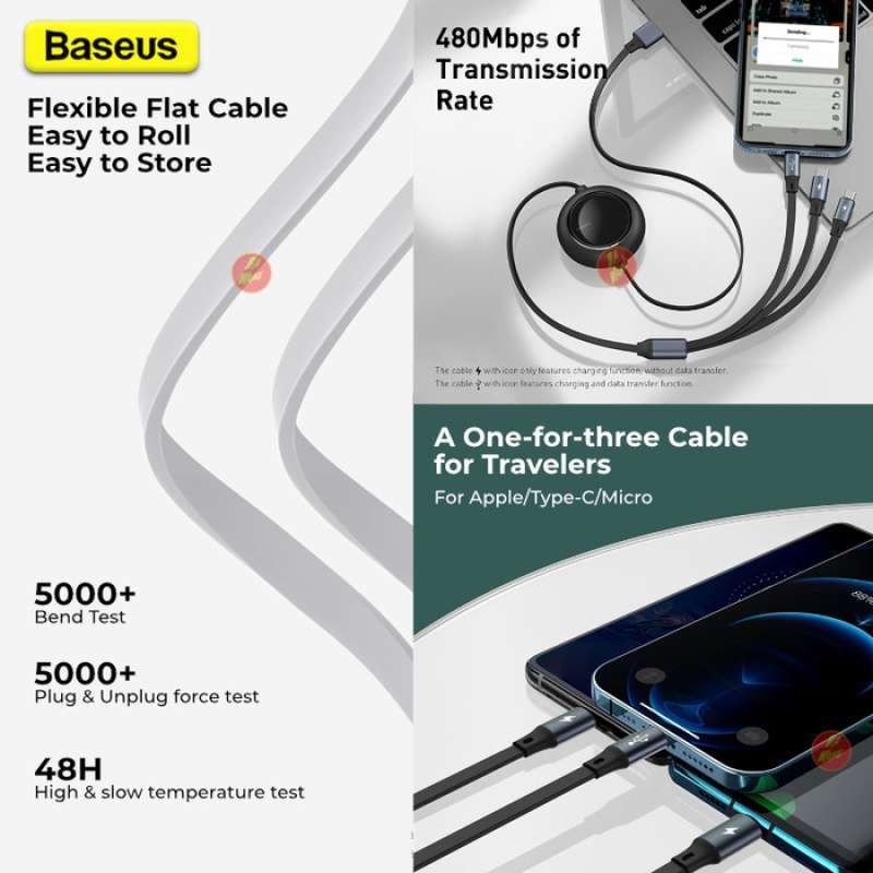 Jual Baseus Cable Kabel Data Usb To 3in1 Tarik Ulur Type C Lightning
