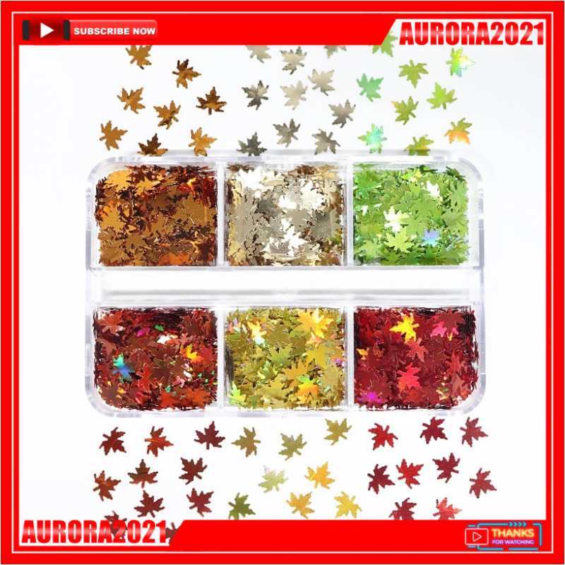 Jual 6 Gaya Box Payet Glitter Holografik Bentuk Daun Maple 3D Multiwa ...