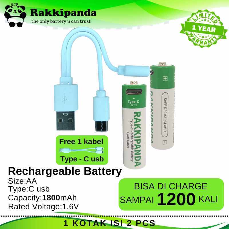 Promo Baterai Rakkipanda Cas isi Ulang AA 1,6V Type-C USB Rechargeable ...