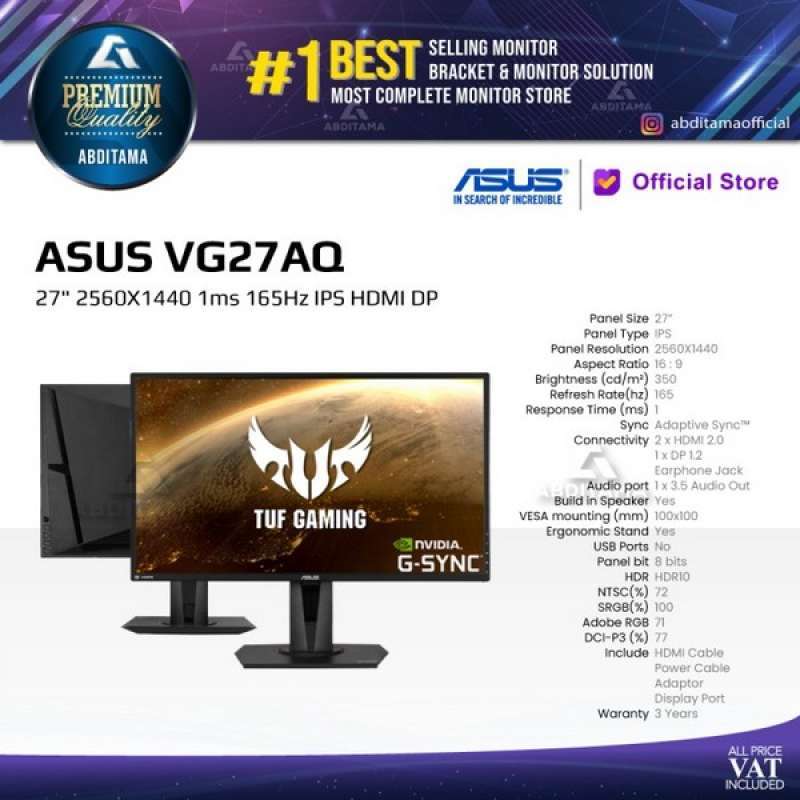 Jual Hotsale Monitor Led Gaming Asus Vg27Aq 27 2560X1440 1Ms 165Hz Ips Hdmi Dp - Vg27Aq di ...