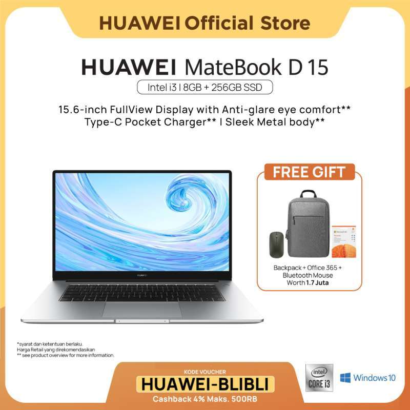Jual HUAWEI Matebook D15 i3 Laptop [i3/8GB/256GB SSD] | Layar IPS ...
