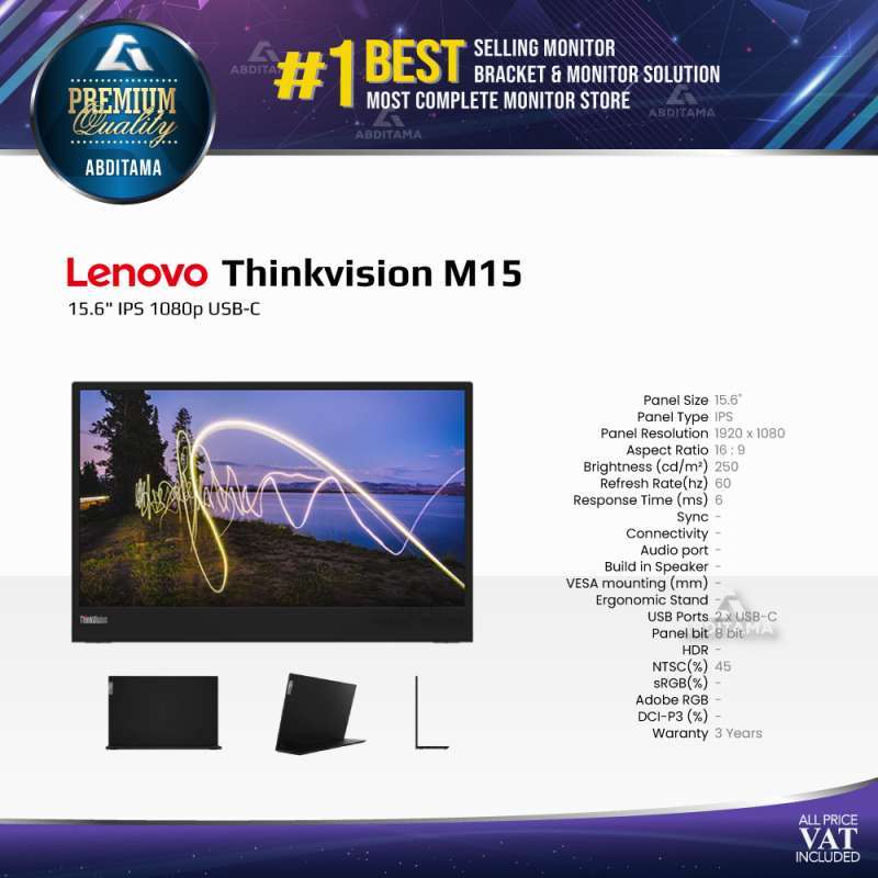 Jual Monitor LED Portable Lenovo Thinkvision M15 15.6 IPS 1080p USB-C ...