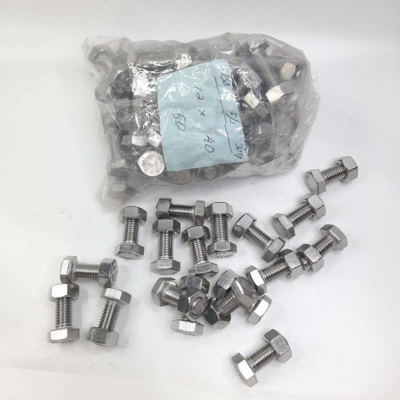 Jual Baut + Mur Hex Bolt + Nut Stainless SS 304 M12 X 40MM (Per Set) di Seller Hanna Teknik ...