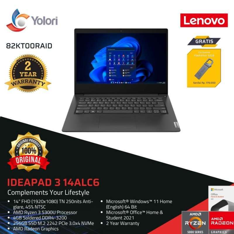 Jual Lenovo IdeaPad 3 14ALC6 [R3-5300U, 4GB, 256GB, AMD Radeon, Windows ...