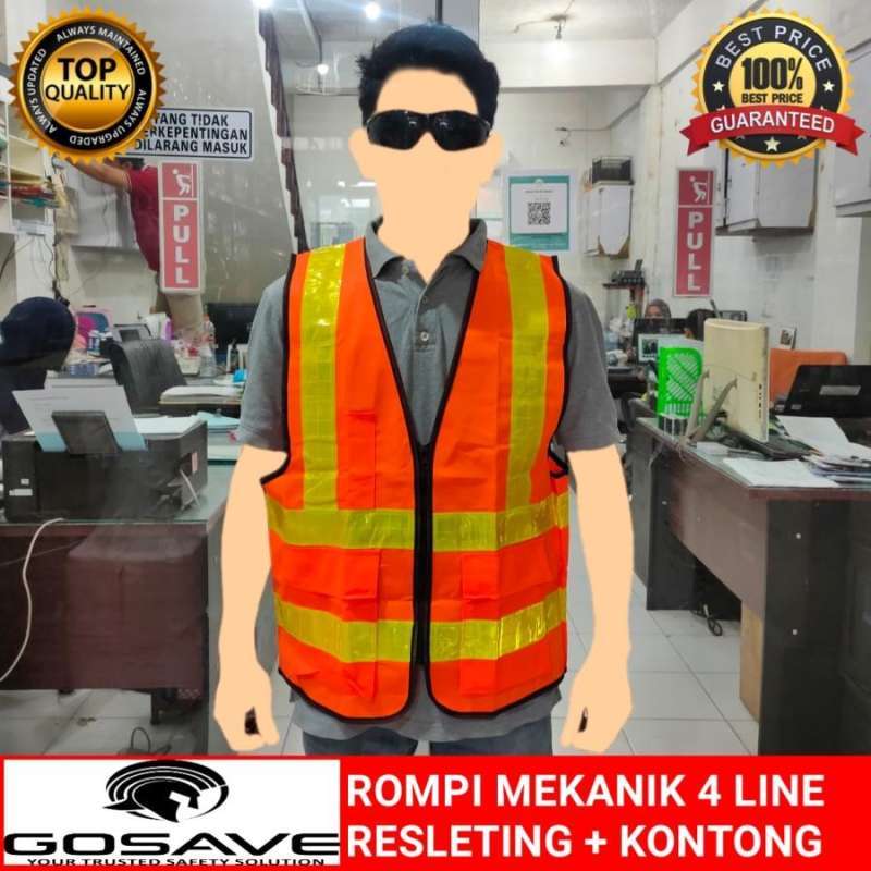 Jual Rompi Safety Polyester Orange 4 Line Mekanik Rompi Proyek kantong ...