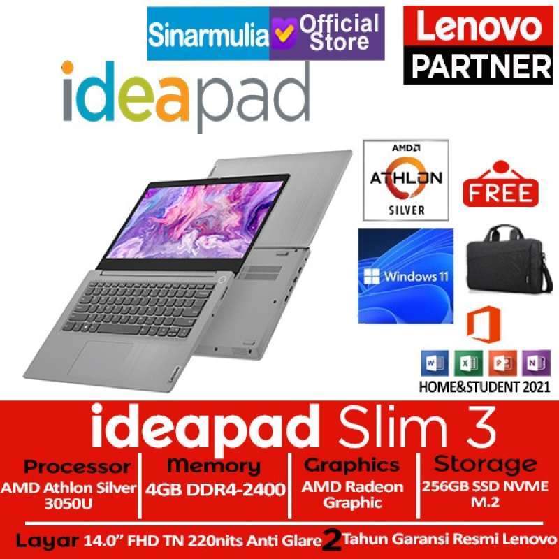 Promo Laptop Lenovo Ideapad slim 3 Athlon Silver 3050U 4GB 256GB SSD ...