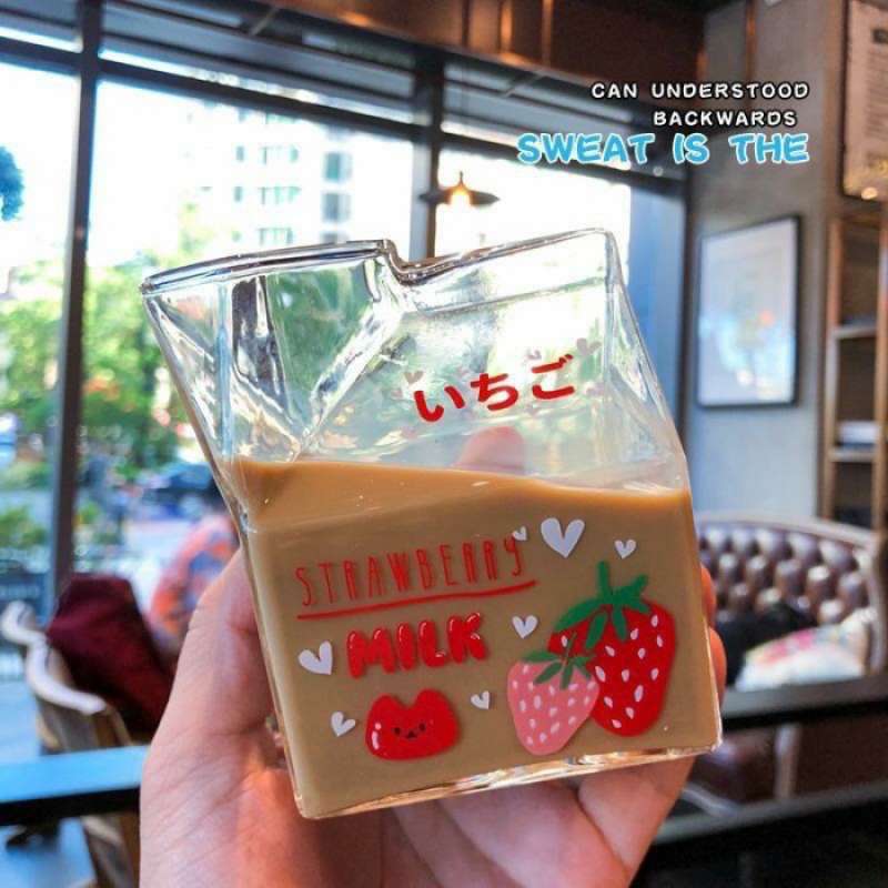 Jual Gelas Susu Kotak Kaca Milk Cup Peach Strawberry di Seller NIRMA ...