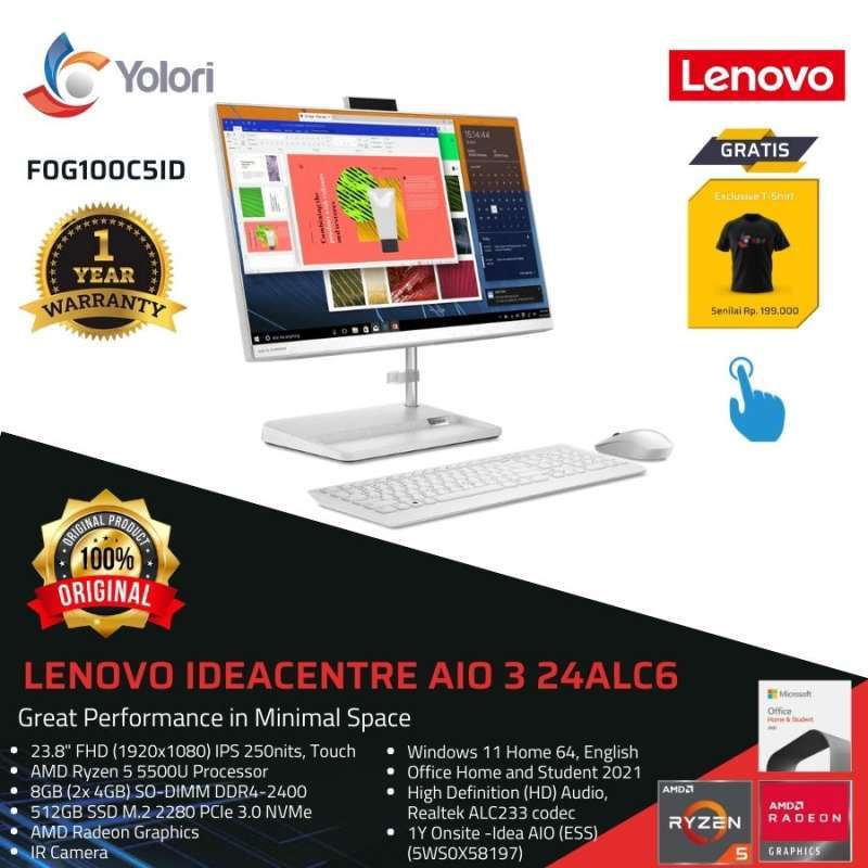 Jual Lenovo IdeaCentre AIO 3 24ALC6 [R5-5500U, 8GB, 512GB, AMD Radeon, Windows 11, OHS 2021 ...