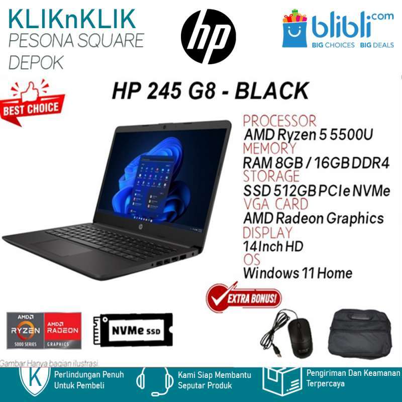 Jual Laptop Gaming HP 245 G8 AMD Ryzen 5 5500 RAM 8GB SSD 512GB Radeon ...