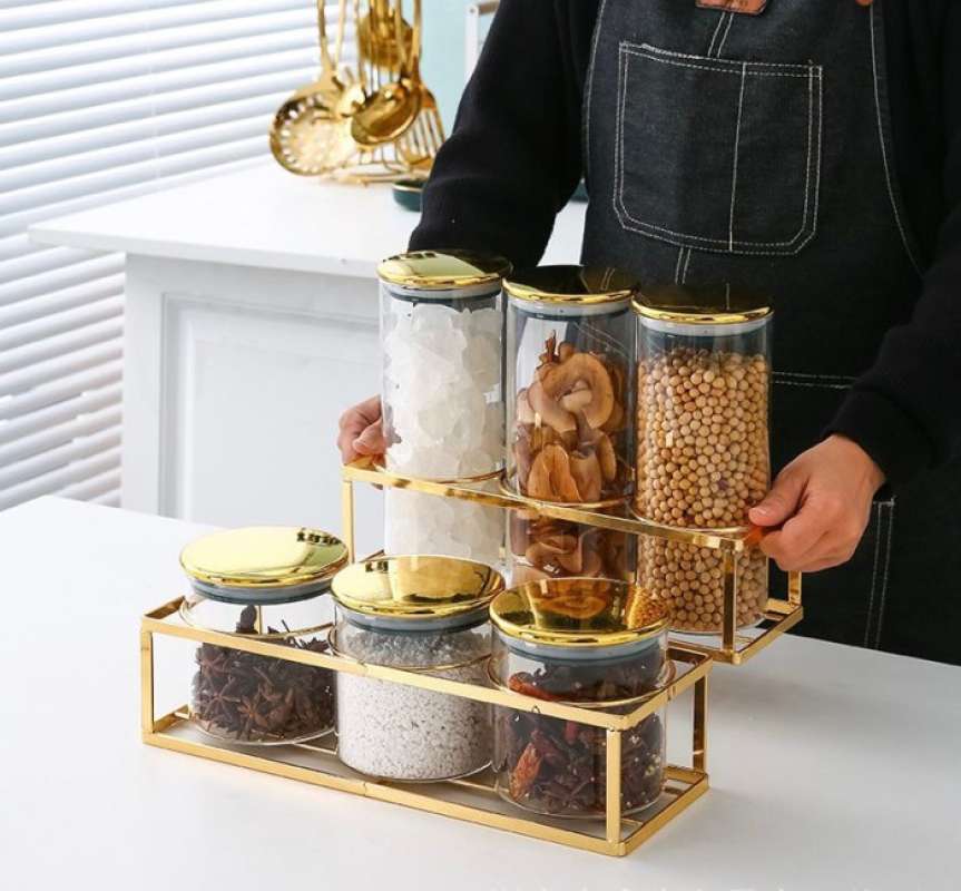 Promo SET TRIPLE GOLD JAR RACK / SET TEMPAT TOPLES KACA DENGAN RAK ...