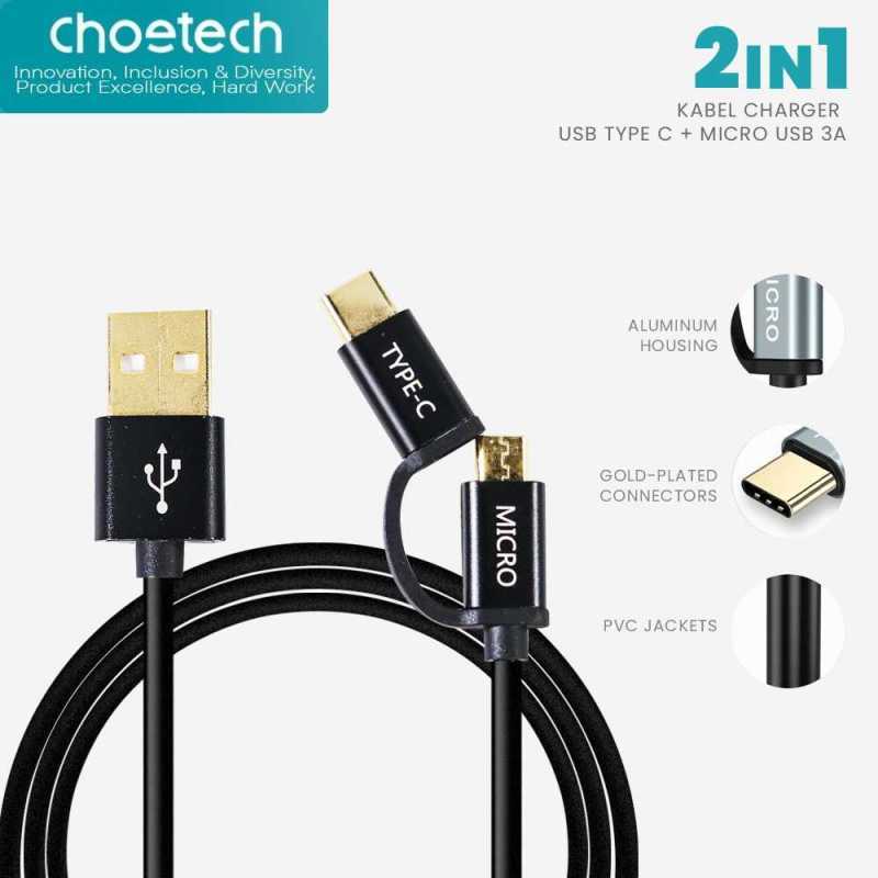 Jual GLO - CHOETECH 2in1 Kabel Charger USB Type C + Micro USB 3A 1.2M ...