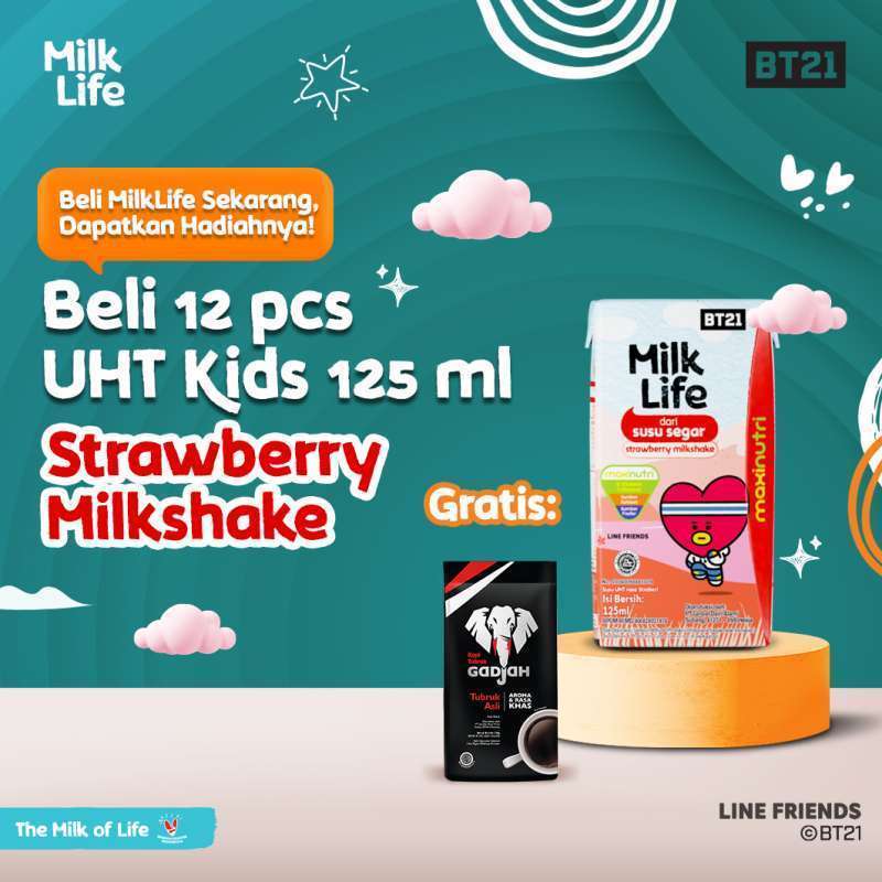 Jual SMG/JOG/SOLO - MilkLife Stroberi Milkshake – UHT Kids [115 mL/12 pcs] + FREE Kopi Tubruk ...