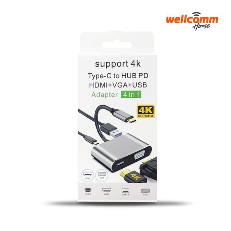 Promo Wellcomm Converter Usb Type C To Hub Pd Usb 3 0 Hdmi Vga 4 In1