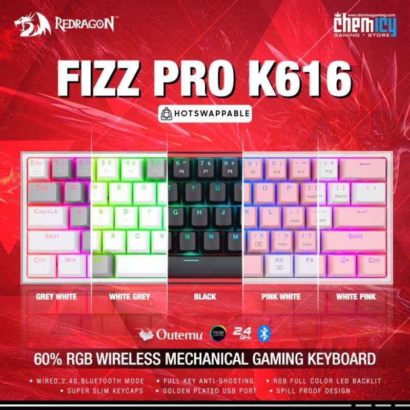 Jual Redragon K616 Fizz Pro 60% Hotswap Wireless Mechanical Gaming ...