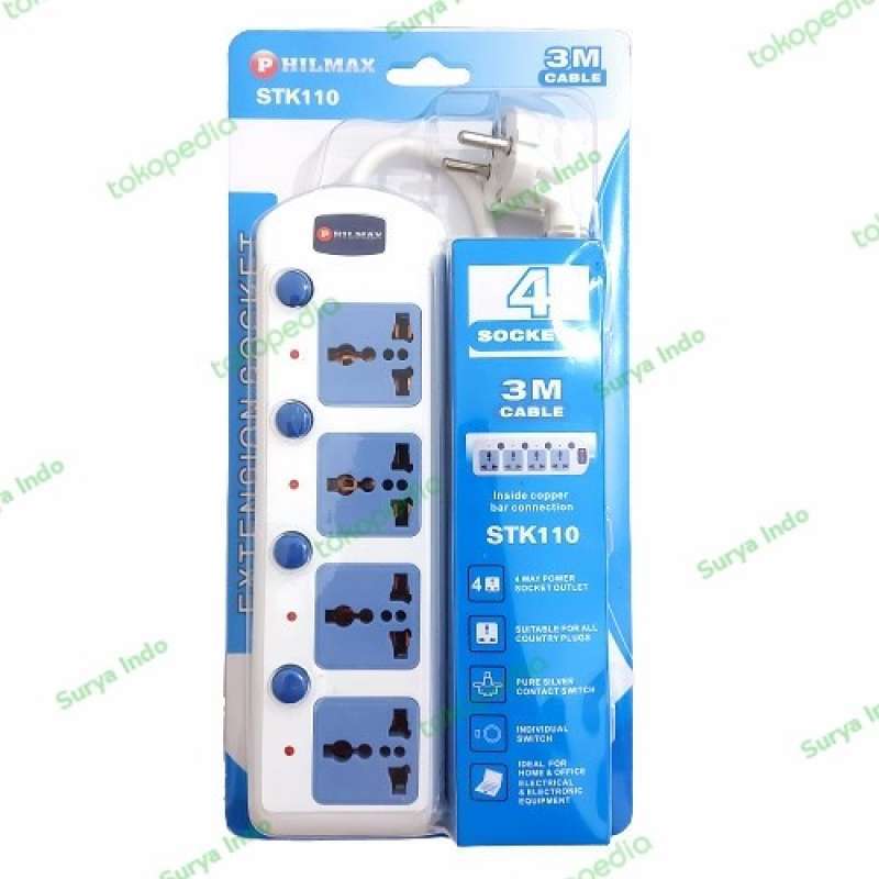 Jual STOPKONTAK UNIVERSAL EXTENSION SOCKET 4 LUBANG+KABEL 3M PHILMAX ...
