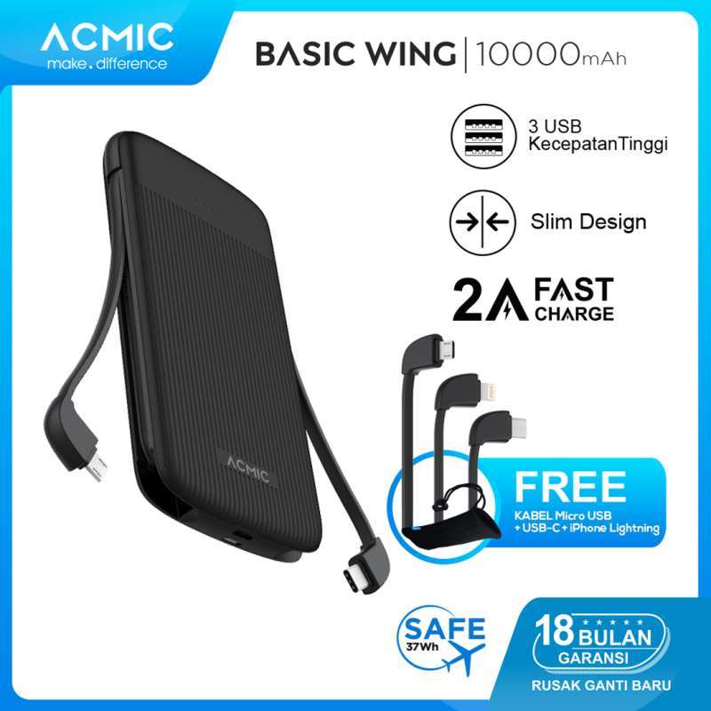 Jual ACMIC Basic Wing 10000mAh PowerBank with Triple 2A Fast Charge - All Black di Seller ACMIC ...