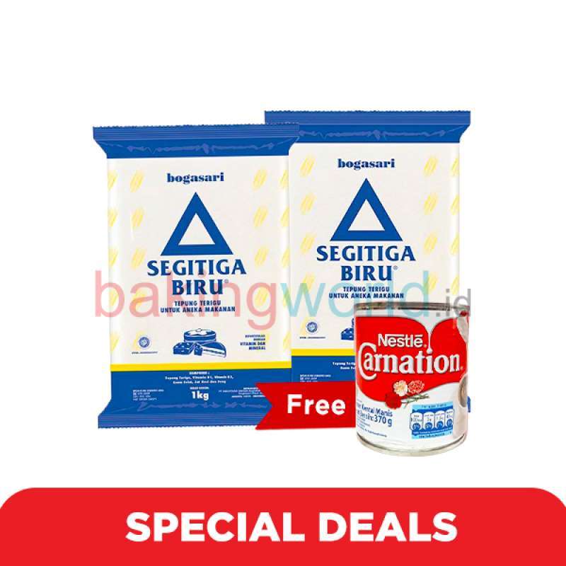 Promo 2 Tepung Terigu Segitiga Biru Kemasan 1 Kg + Free Skm Carnation ...