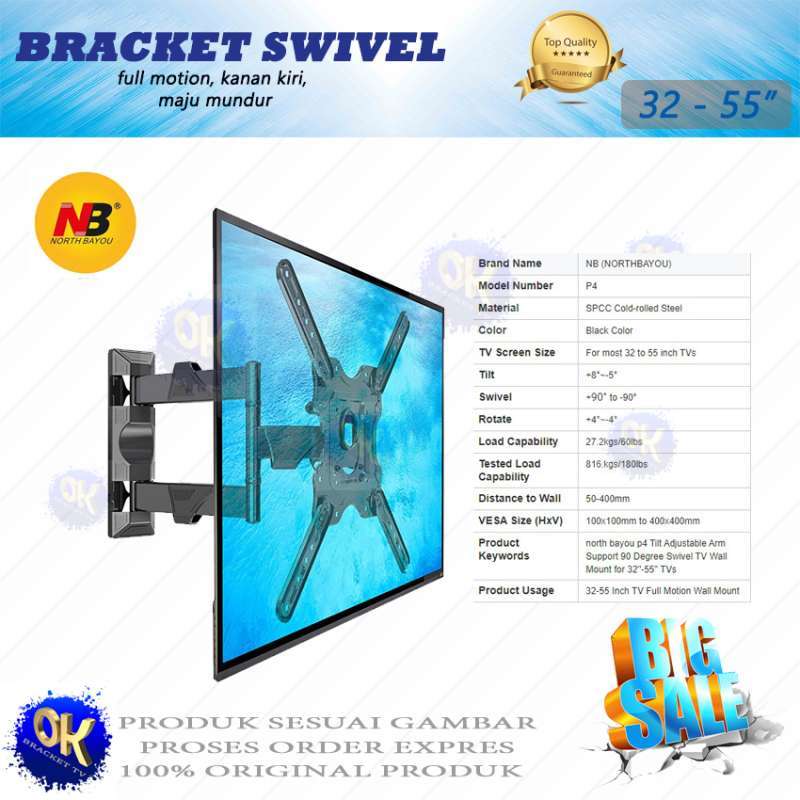 Promo Bracket breket braket tv swivel lengan 32 43 50 55 inch P4 di ...