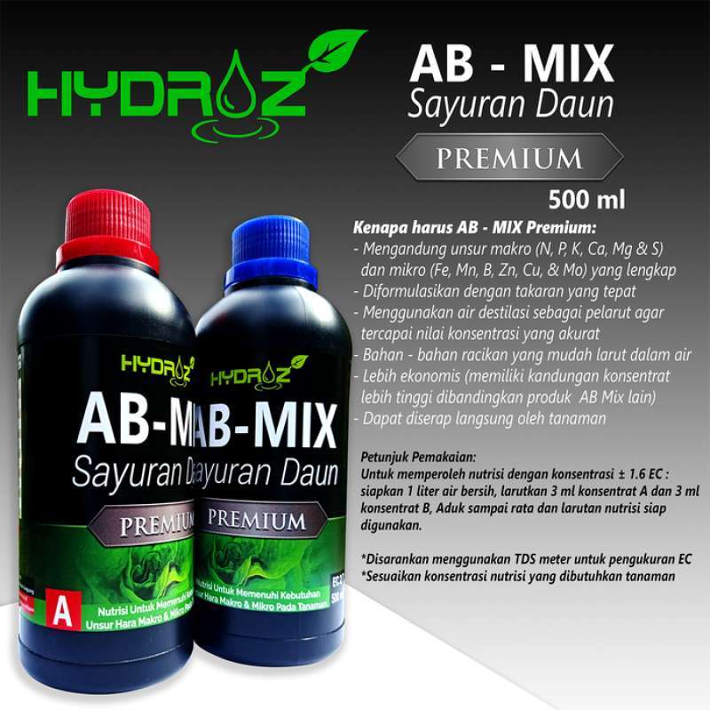 Jual Nutrisi Hidroponik cair AB Mix SAYURAN DAUN PREMIUM 500 ml Hydroz di Seller tokoiqbal ...