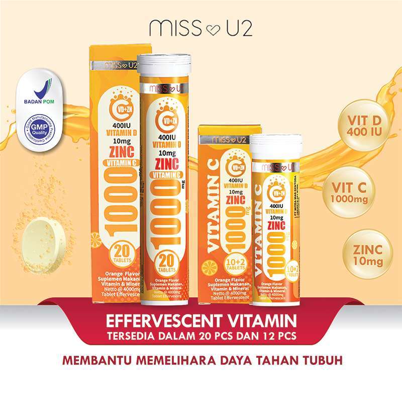 Promo Miss U2 Vitamin C 1000, Vitamin D, & ZINC - Tablet Effervescent Rasa Jeruk - 20 Tablets ...