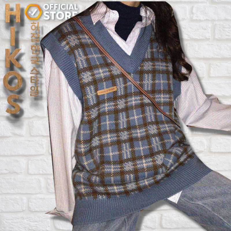 Jual HIKOS Vest Korean Style Gaya Retro Motif Kotak-kotak Warna Biru ...