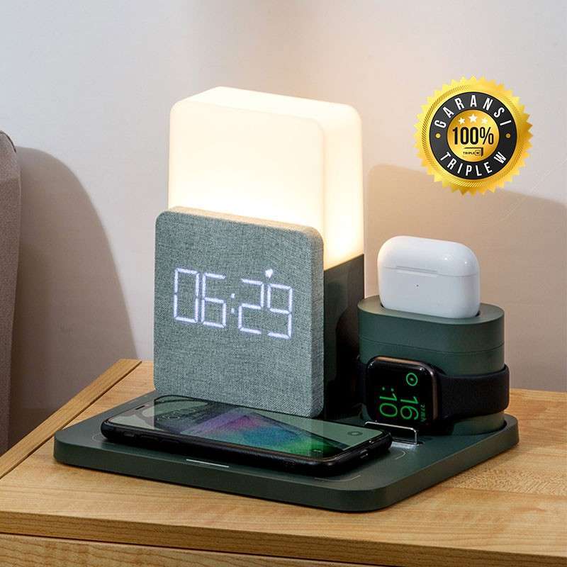 Jual Triple W 5in1 Wireless Charger Desk Lampu Jam Meja LED Holder ...