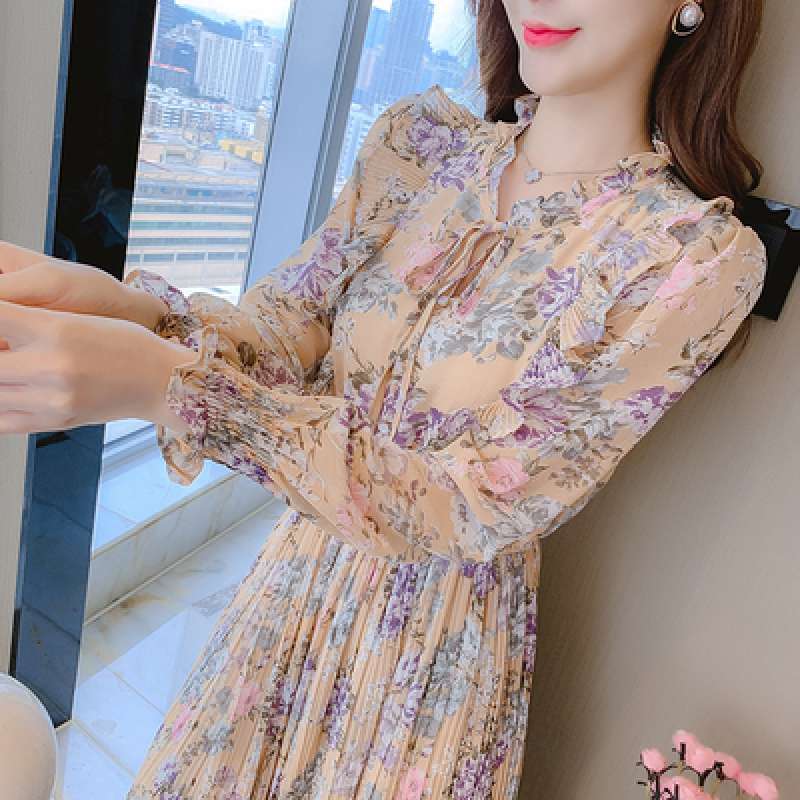 Jual Musim semi warna terang gaun cetak retro manis daun teratai kerah ...