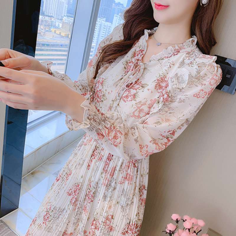 Jual Musim semi warna terang gaun cetak retro manis daun teratai kerah ...