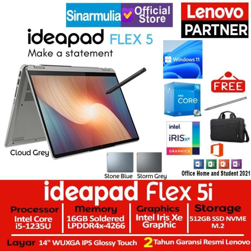 Promo Laptop Lenovo Ideapad Flex 5i i5-1235U 512GB SSD 16GB Iris Xe ...