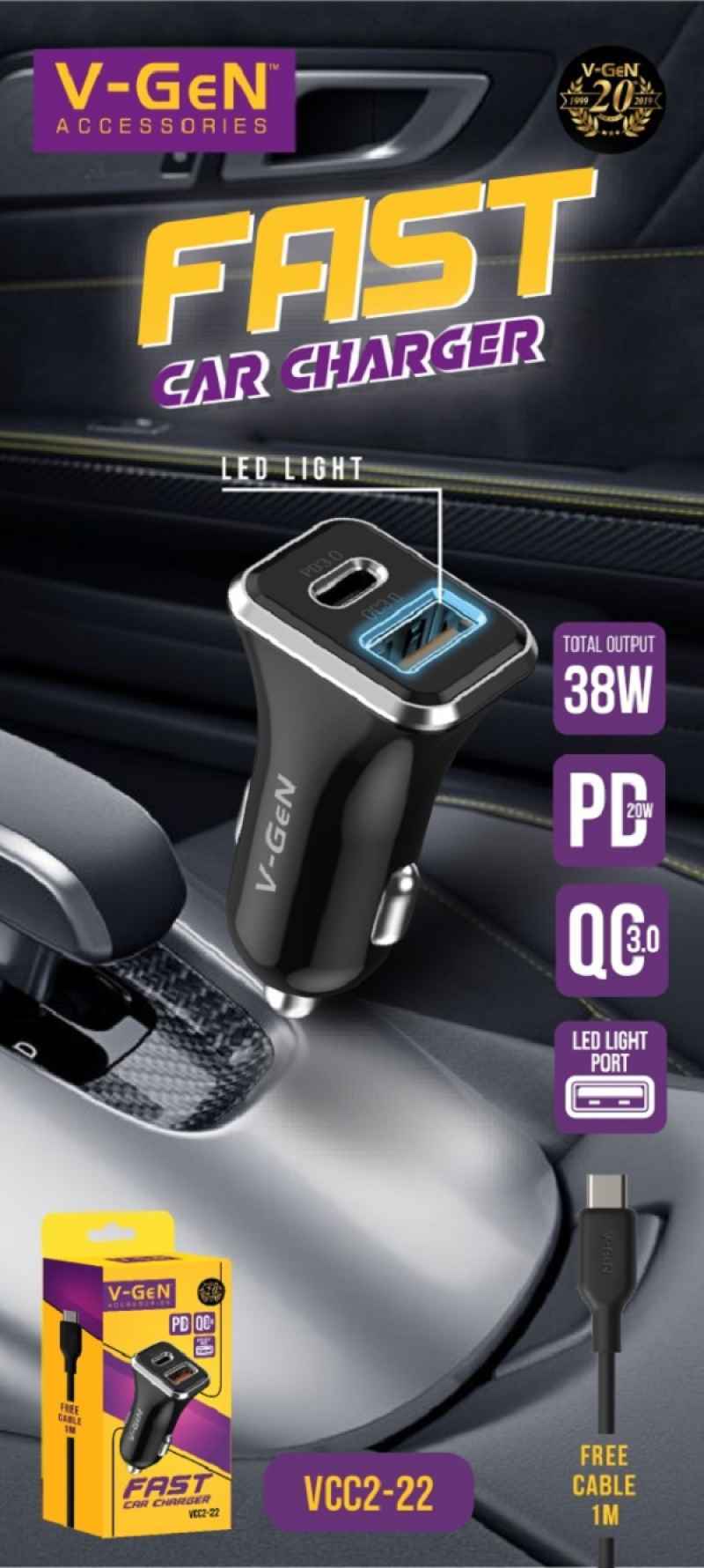 Jual Car Charger V-gen Vcc2-22 Dual Fast Charging Qc 3.0 Pd Total 38w ...