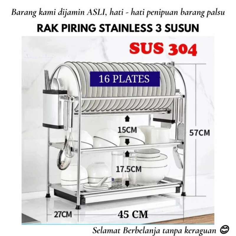 Promo RAK PIRING STAINLESS STEEL 3 SUSUN DISH RACK 20 PLATES 3 TIERS SS ...