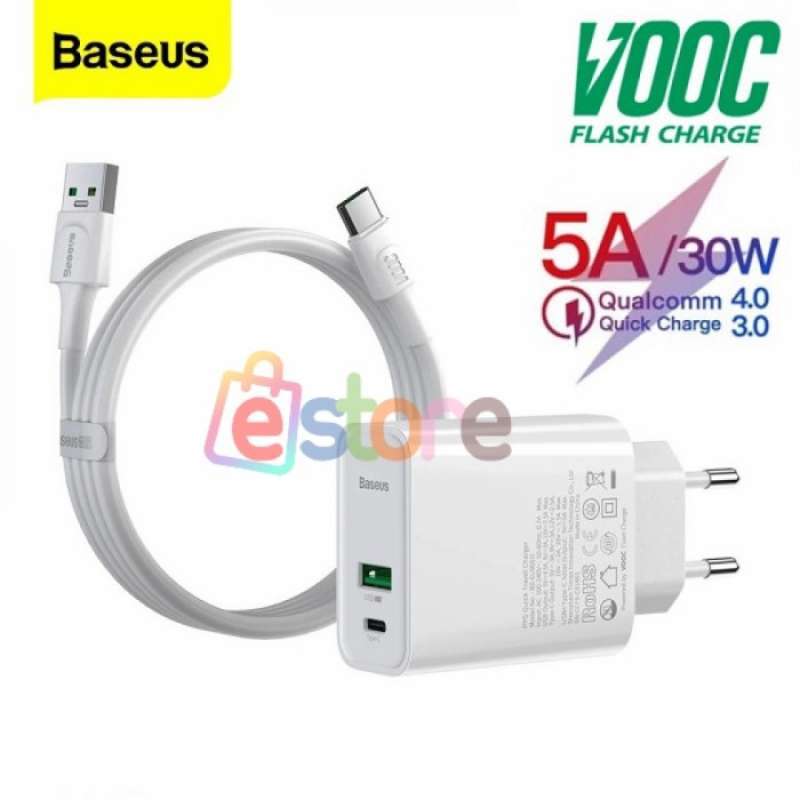 Jual BASEUS VOOC Quick Charger Set 30W Dual Port Adaptor USB A + Type-C ...
