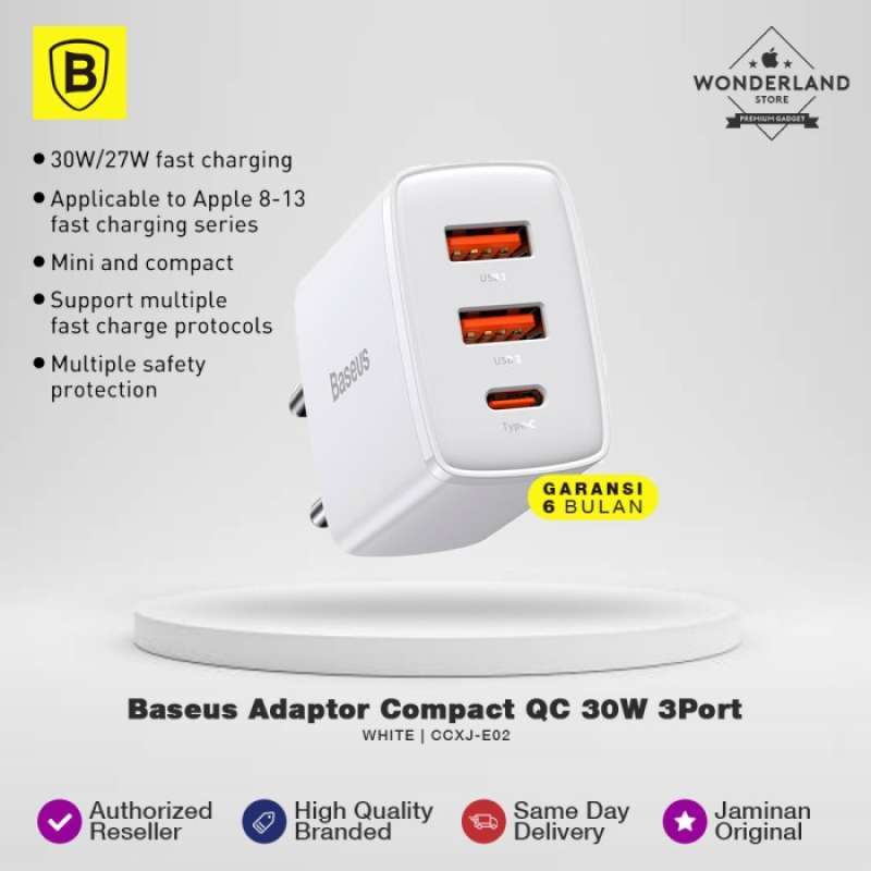 Jual Baseus Adaptor 30W Compact Quick/Fast Charger 3Port 2U+1C Fast ...