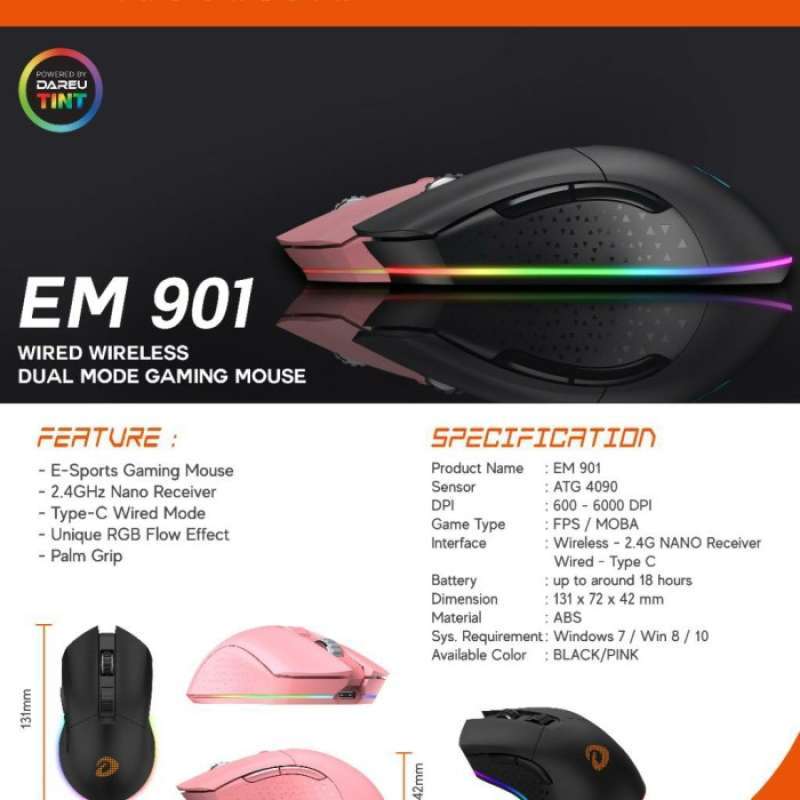 Jual Dareu EM901 - EM-901 black wireless gaming mouse di Seller METALIC ...