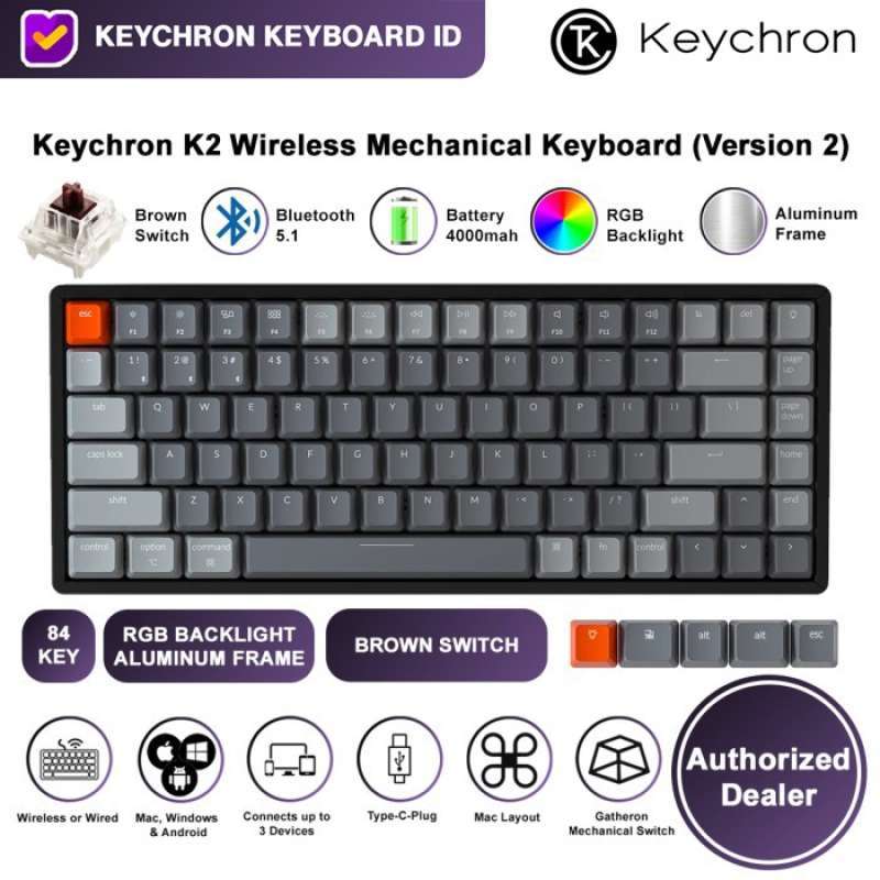 Jual Keychron K2 84 Key Brown Switch RGB Backlight Aluminum Frame K2-C3 ...