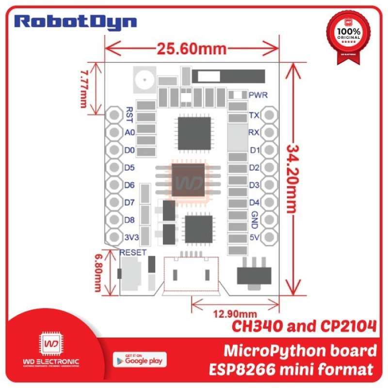 Jual Robotdyn Wifi D1 Mini Micropython Board Esp8266 Like Wemos D1 Mini 6087